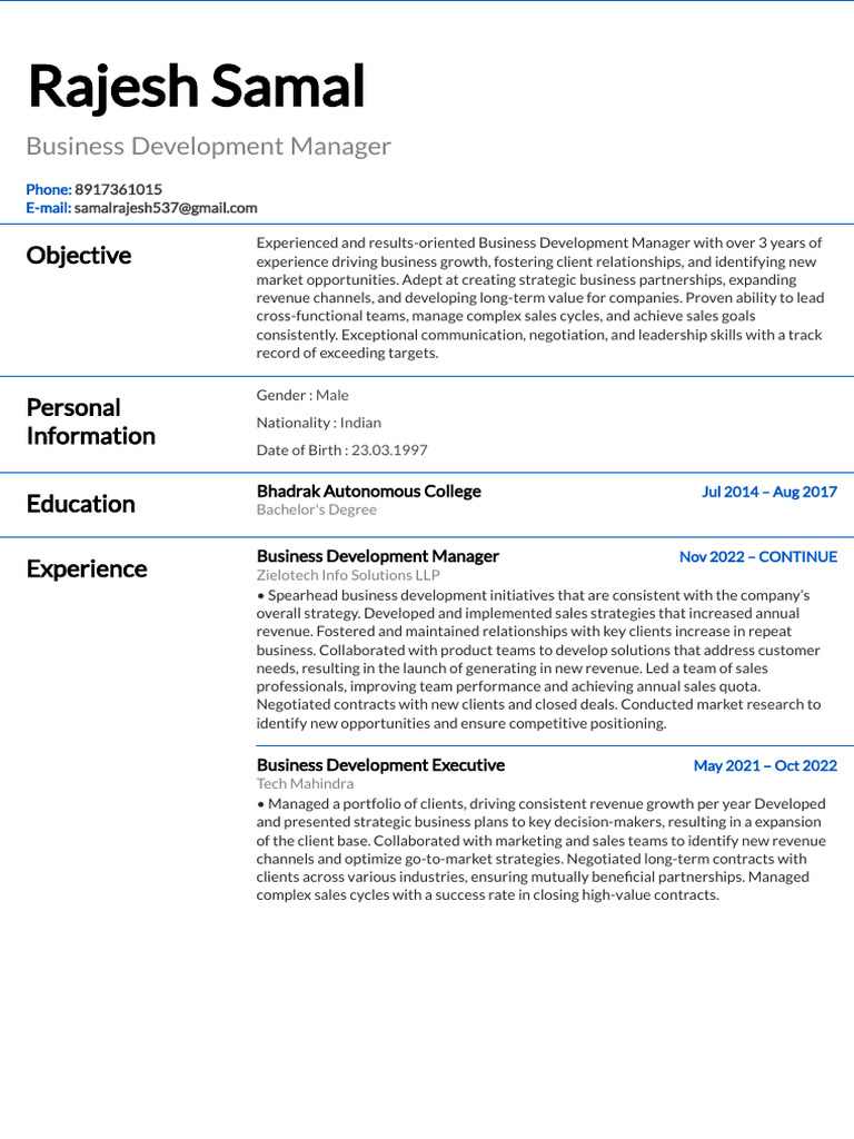 Rajesh Samal Resume 219 | PDF | Business Development | Sales