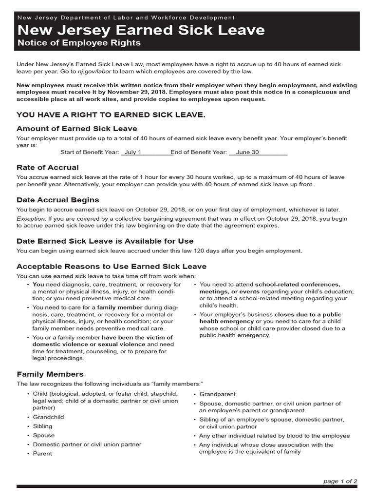 NJ Earned Sick Leave Poster - W BFT Year | PDF | Sick Leave | Family