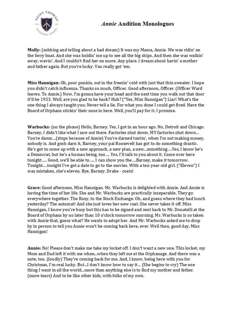 Annie Monologues for Auditions | PDF | Annie (Musical) | Musical ...