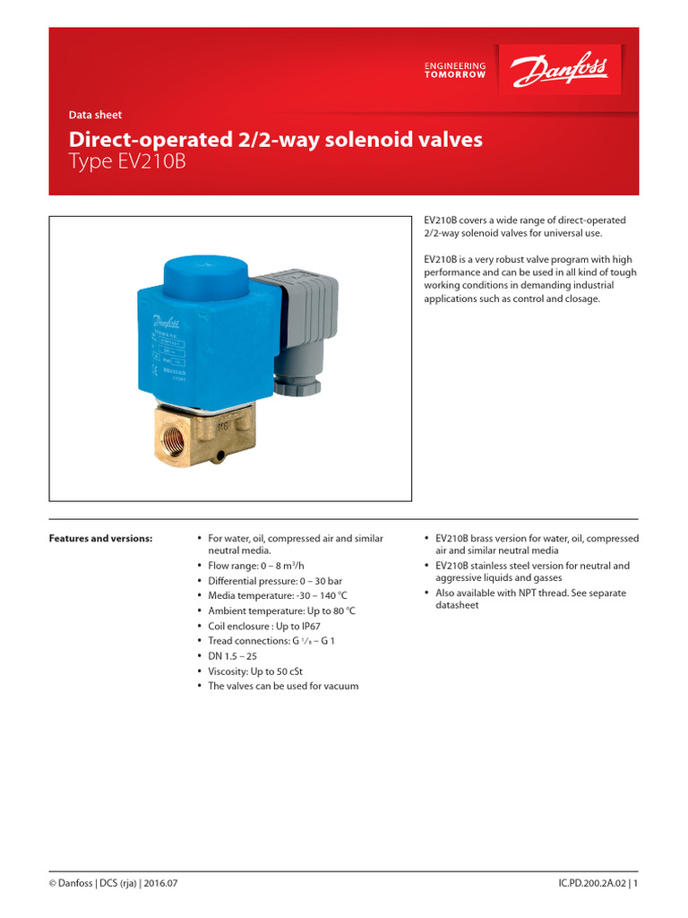 Datasheet Danfoss EV210B Solenoid Valve | PDF | Valve | Viscosity