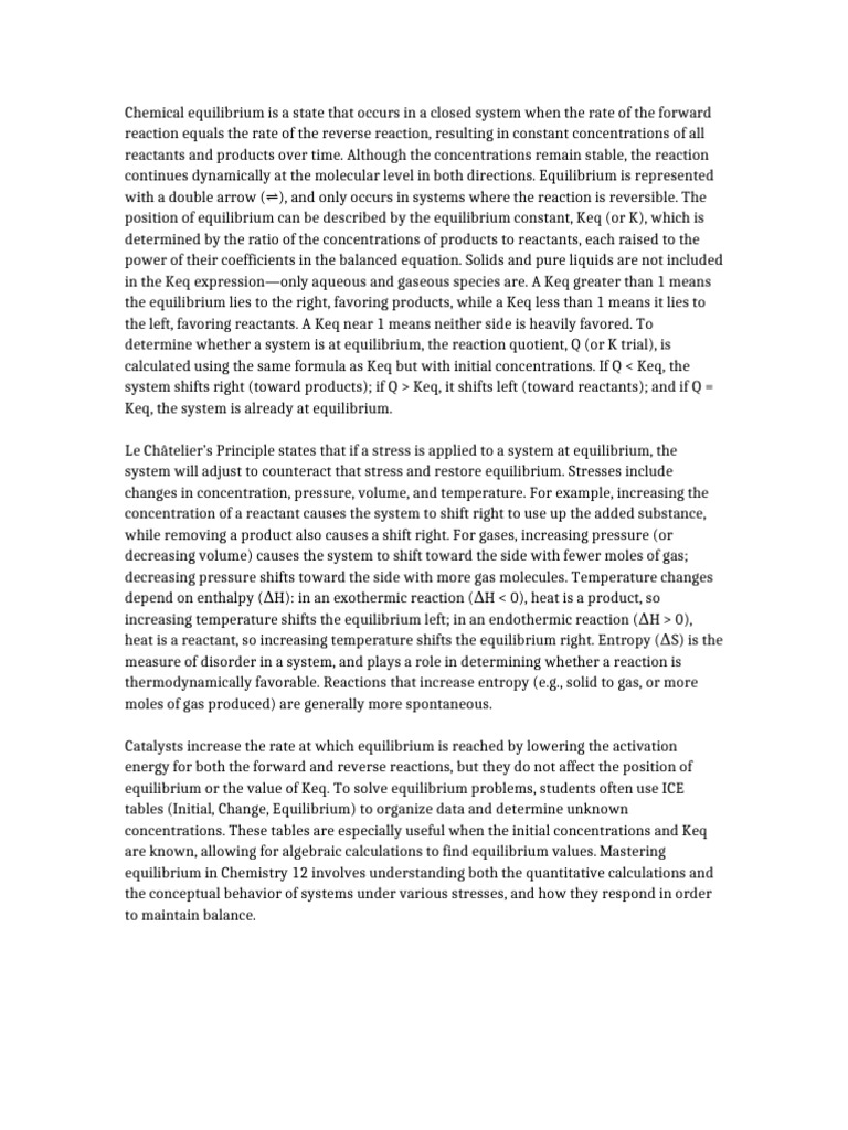 BC Chem 12 Equilibrium Summary | PDF | Chemical Equilibrium | Reaction Rate