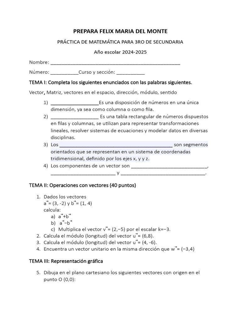 Practica de 3ro PREPARA 2025 | PDF | Vector Euclidiano | Matriz (Matemáticas)