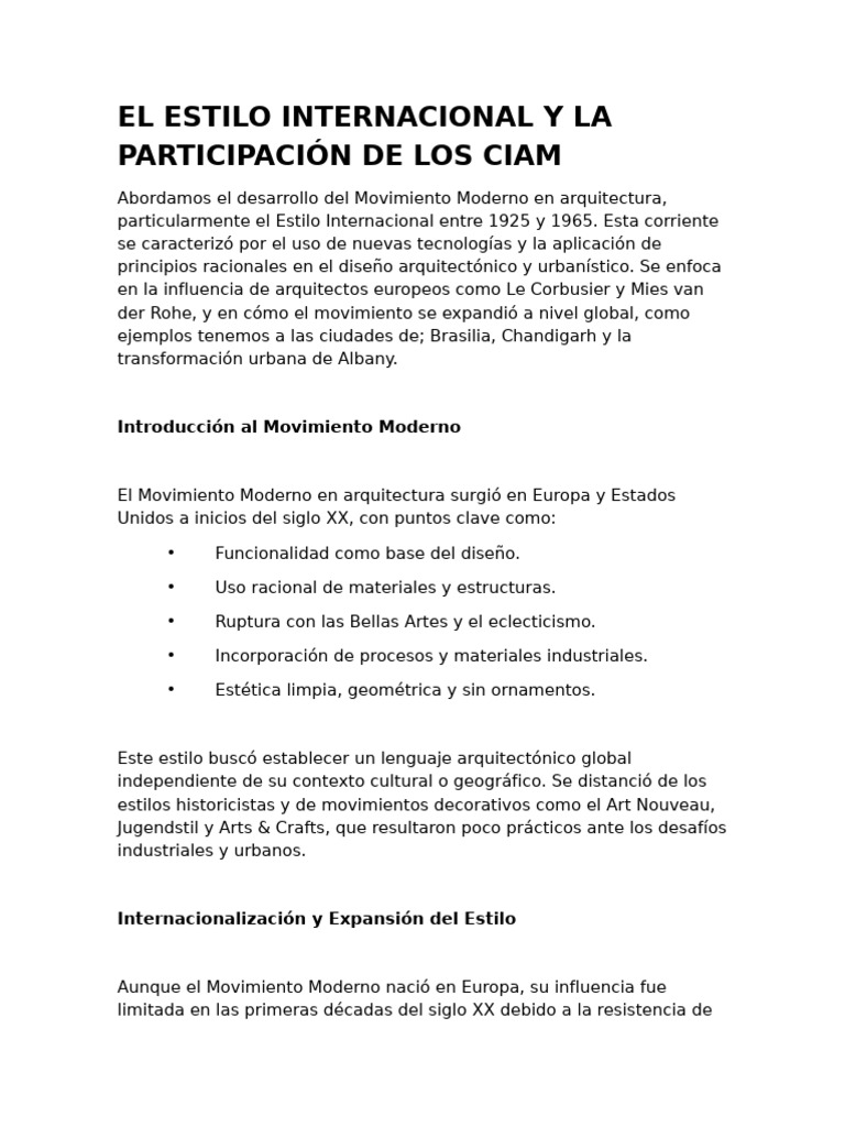 El Estilo Internacional y La Participación de Los Ciam | PDF | Estilos arquitectonicos | Diseño ...