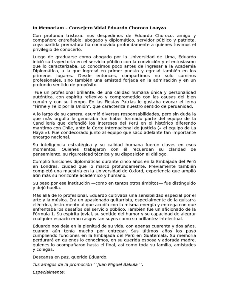 In Memoriam - Consejero Vidal Eduardo Choroco Loayza | PDF