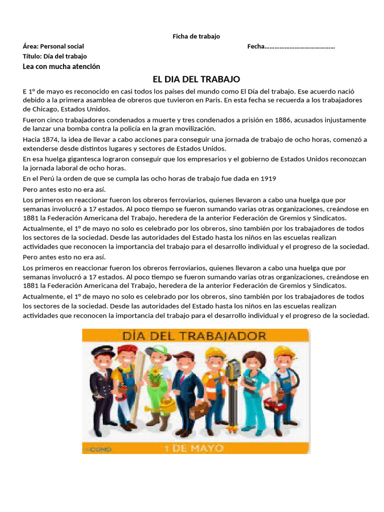 Ficha de Trabajo 28 de Abril Del 2025 Día Del Trabajo | PDF | Labor ...