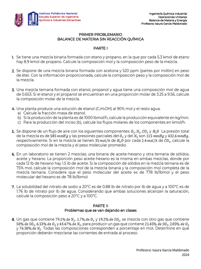 Primer problemario-BMsinRQ 2 | PDF | Destilación | Agua