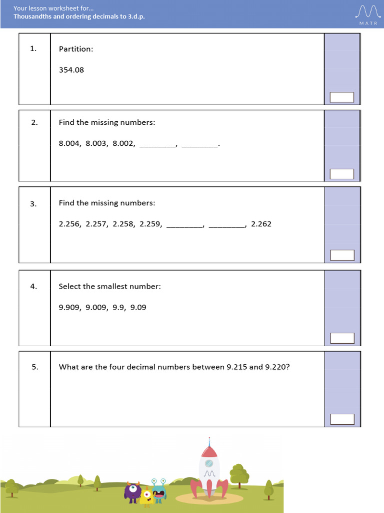 Worksheet - Thousandths and Ordering Decimals To 3.d.p | PDF