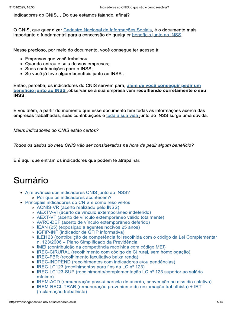 Indicadores No CNIS - o Que São e Como Resolver | PDF
