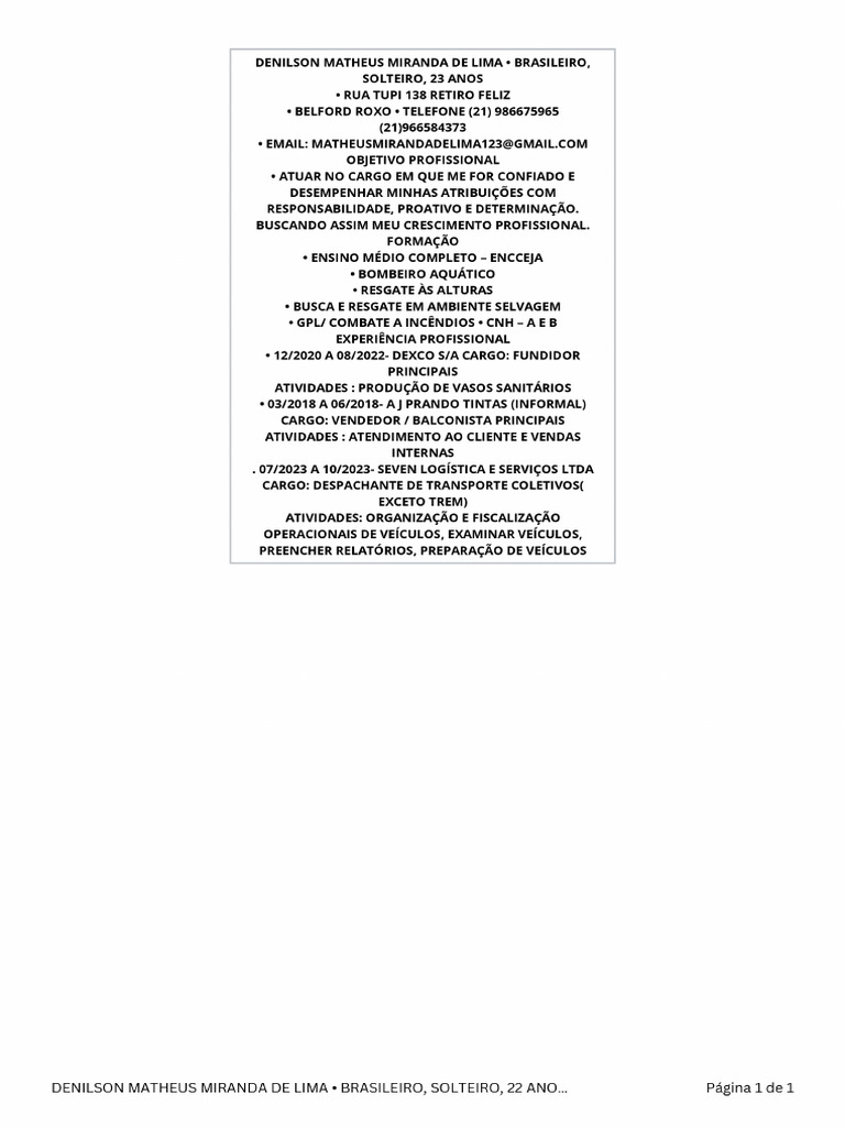 Denilson Matheus Miranda de Lima • Brasileiro, Solteiro, 22 Anos • Rua Tupi 173 Retiro Feliz ...