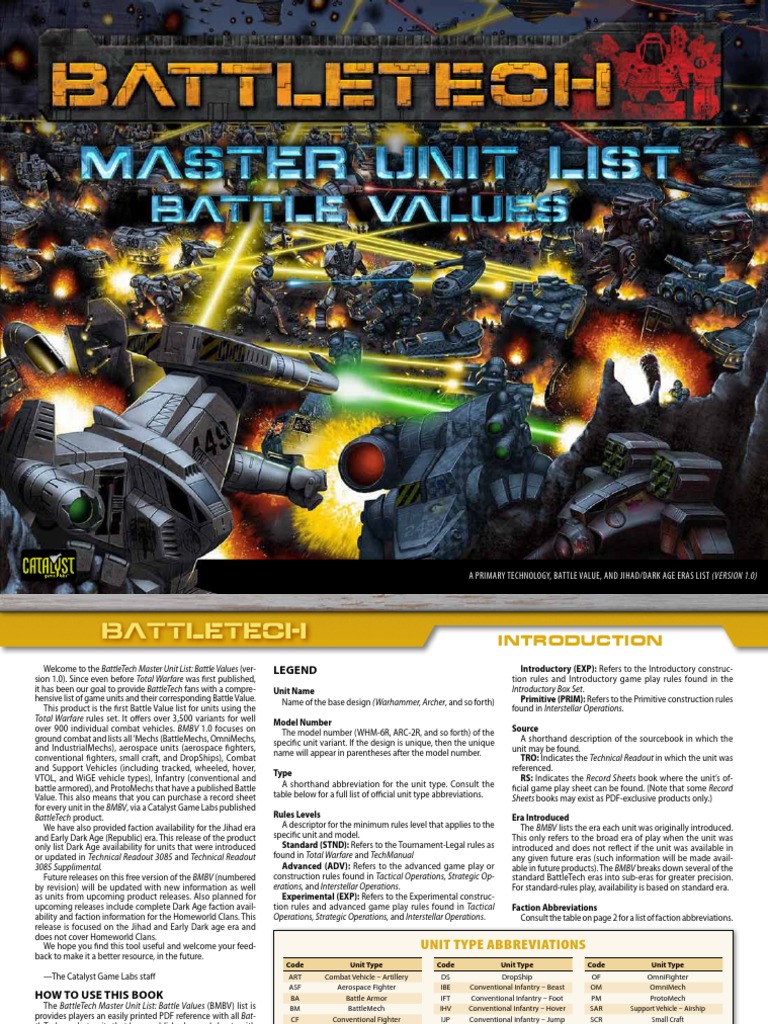 The BattleTech Master Unit List: Battle Values (BMBV) Provides ...