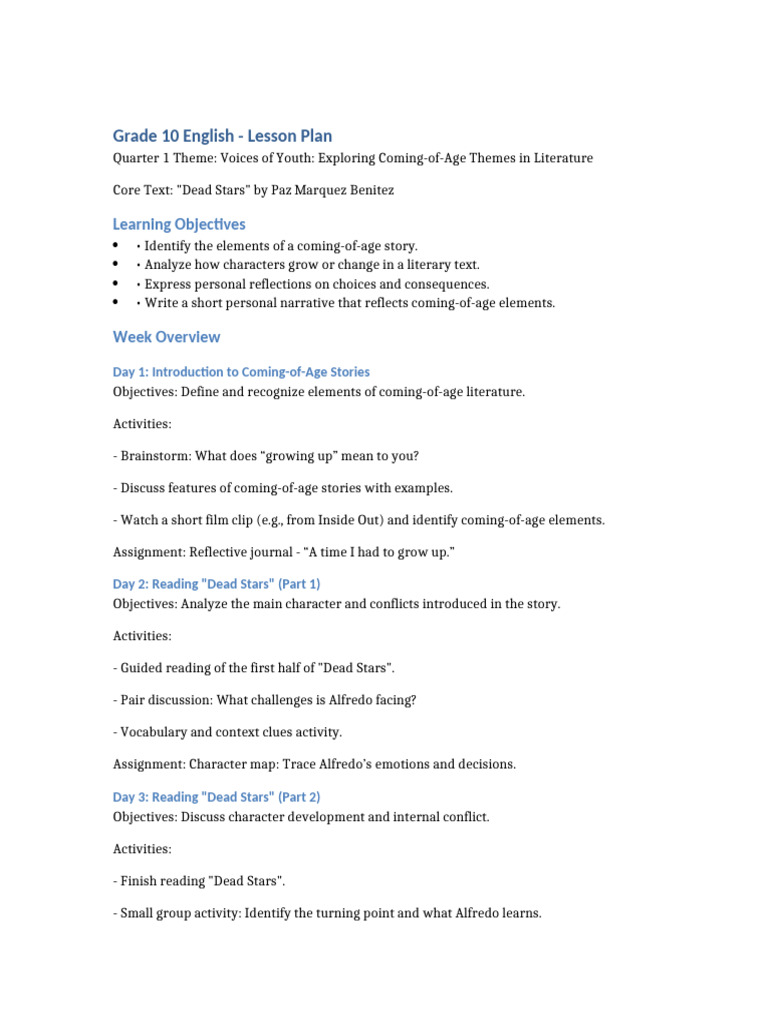Coming-of-Age Lesson Plan for Grade 10 | PDF