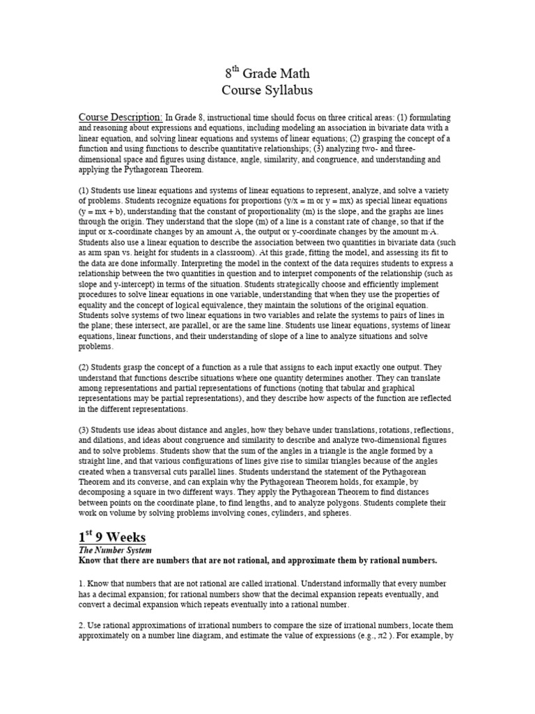 8th Grade Math Course Syllabus-1 | PDF | Function (Mathematics) | Equations