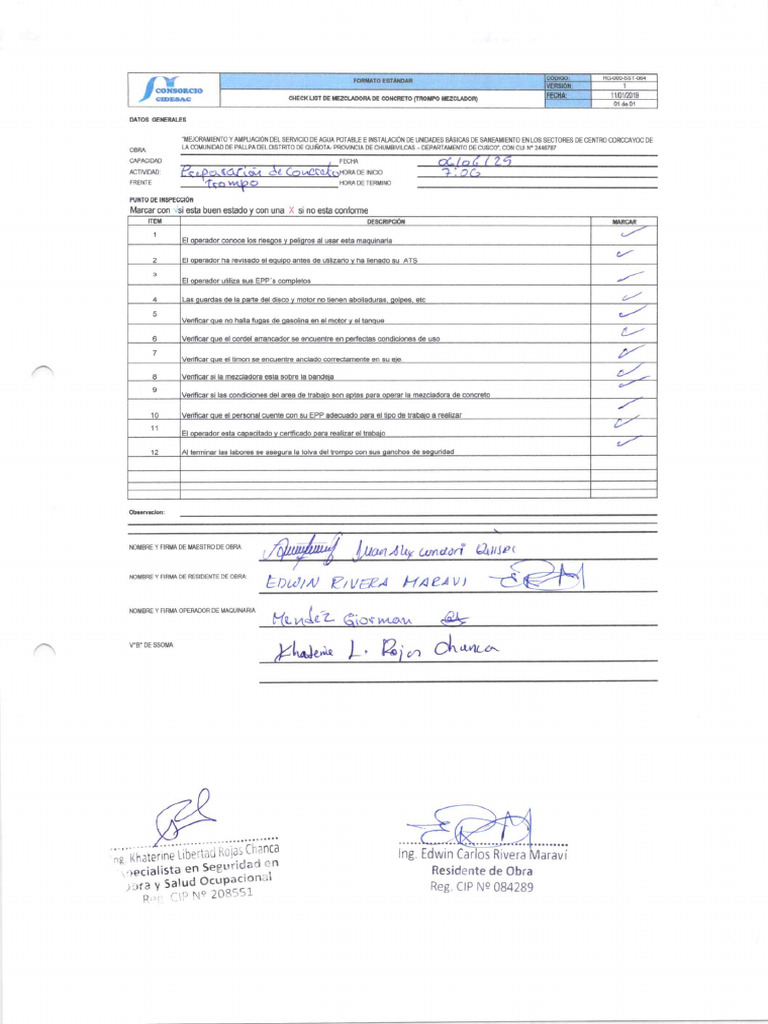 Check List de Mescladora de Congreto Prim Sema Junio | PDF