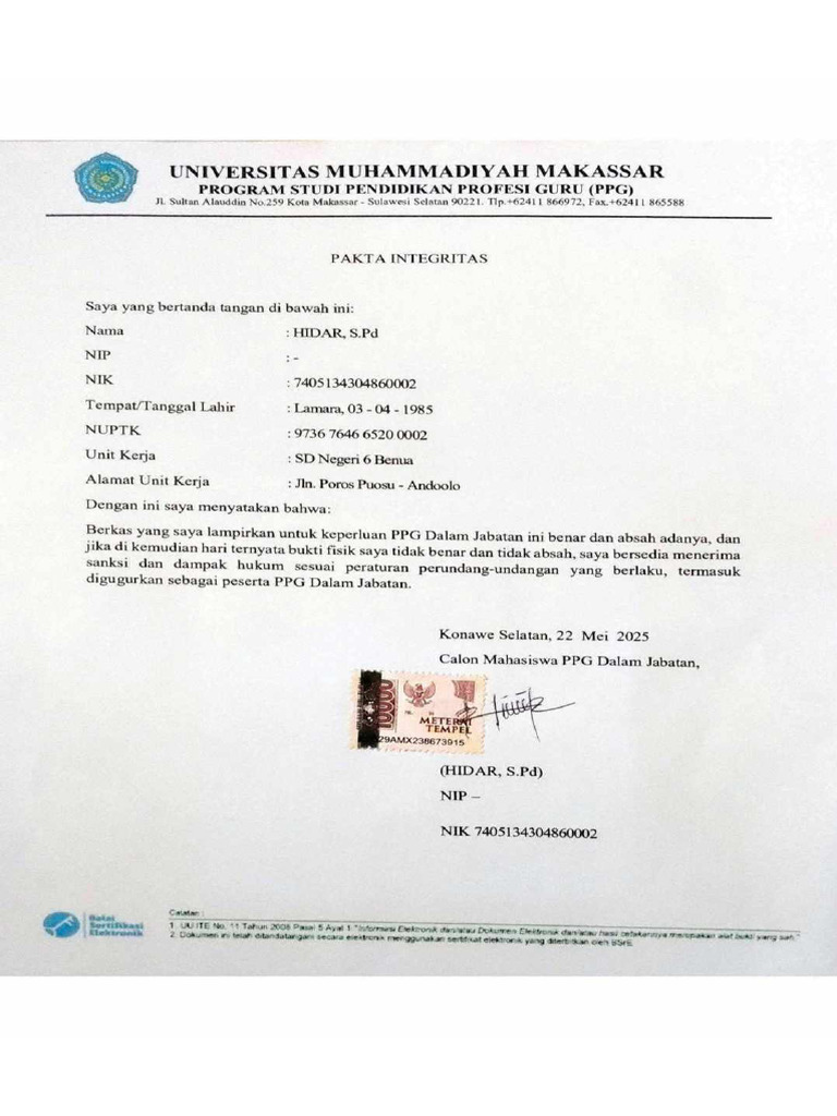 Berkas Lapor Diri PPG Daljab Tahap 1 Tahun 2025 Hidar | PDF