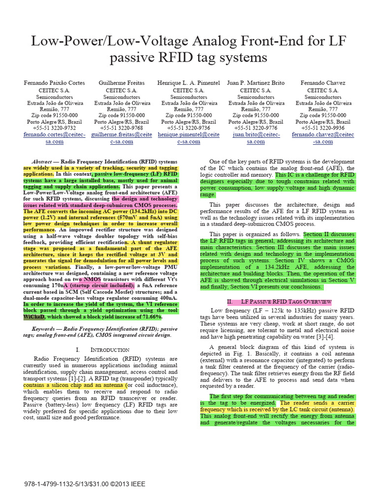Low-Power/Low-Voltage Analog Front-End For LF Passive RFID Tag Systems | PDF | Mosfet | Rectifier