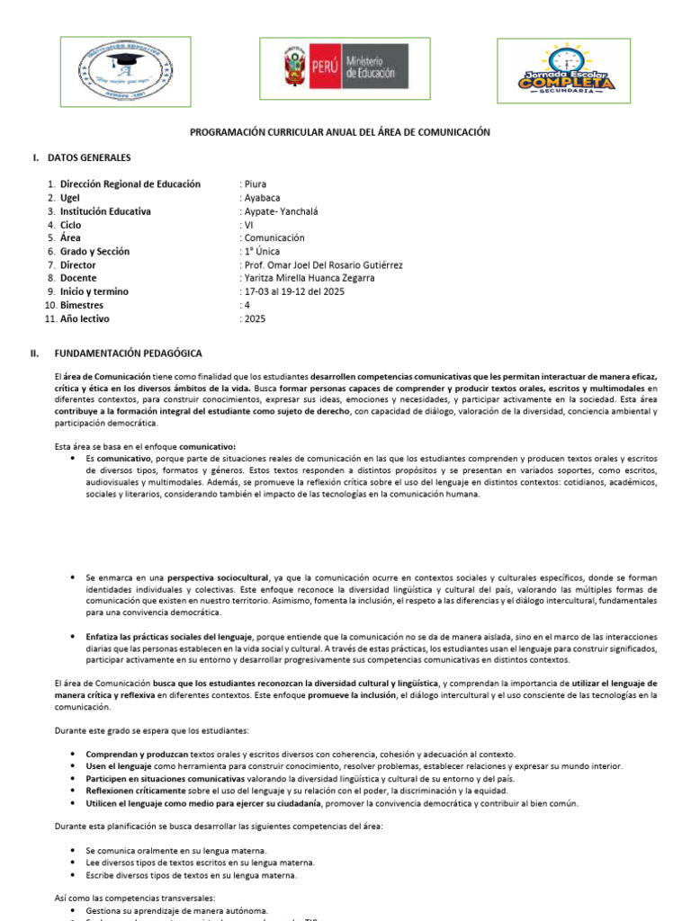 Programacion Anual COMUNICACIÓN Primero | PDF | Enseñando | Aprendizaje