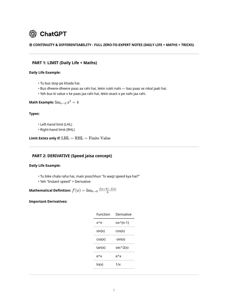 Continuity Differentiability Notes | PDF | Derivative | Calculus