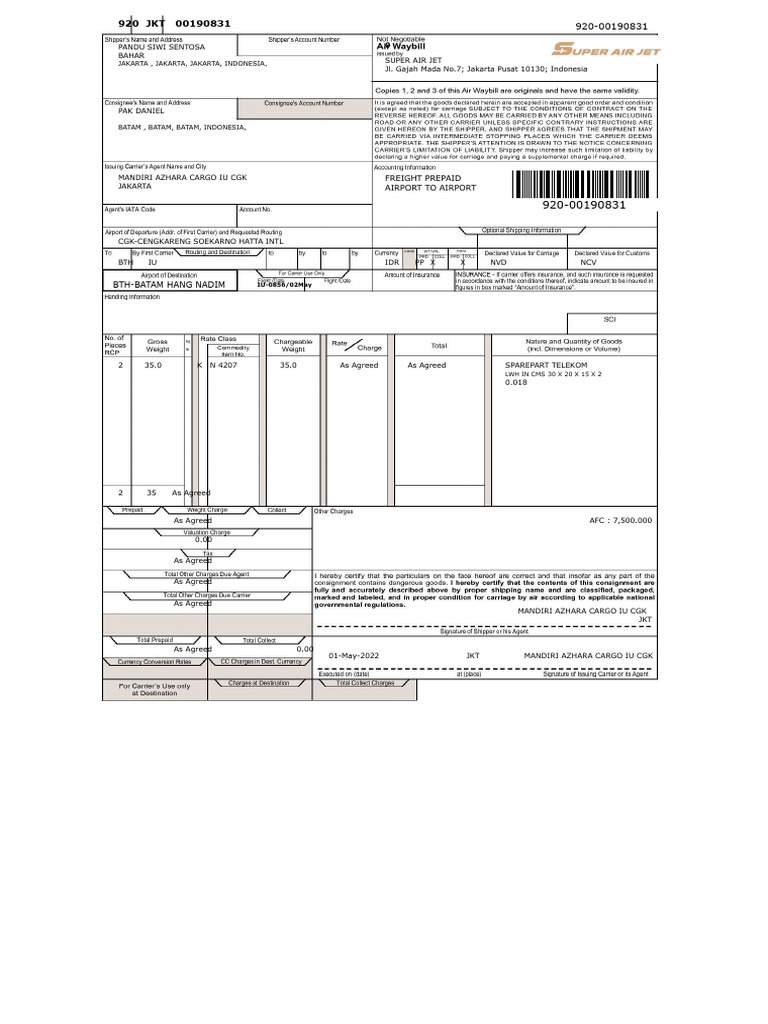 AWB No - 920-00190831 BTH | PDF