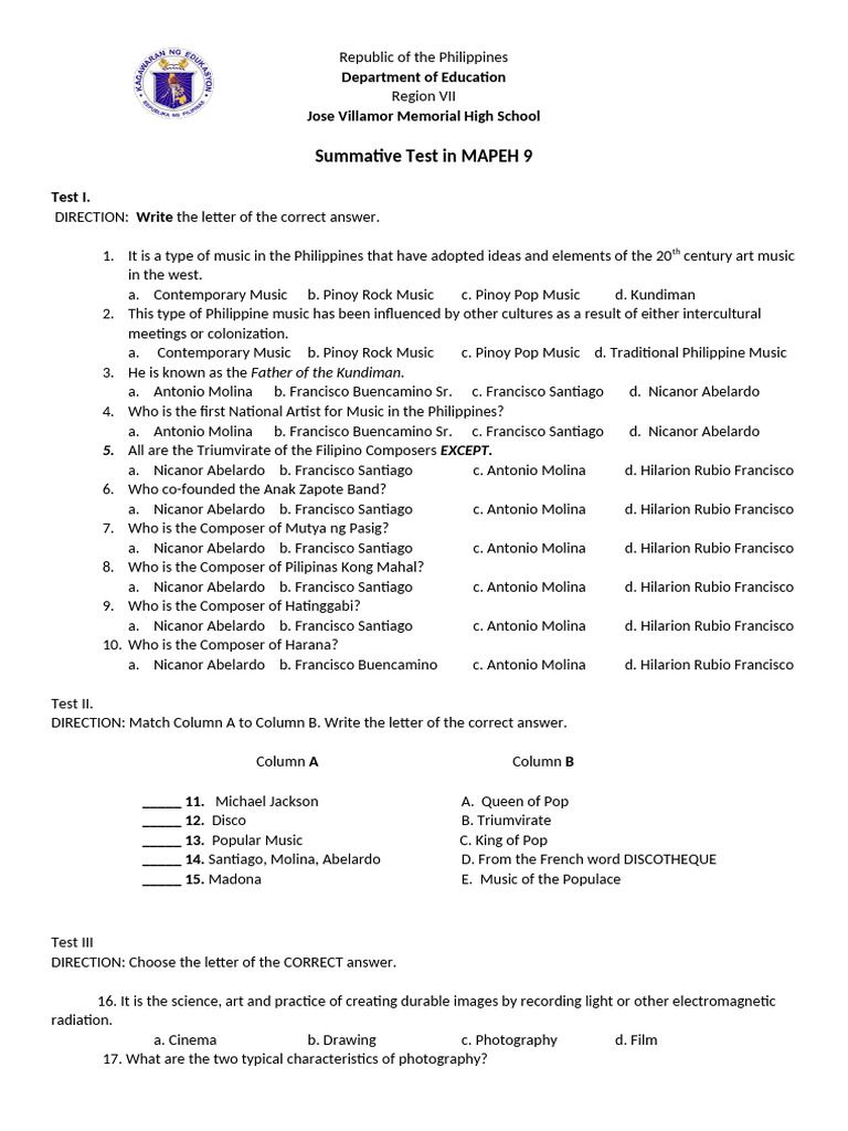 MAPEH 9 Summative Test Overview | PDF