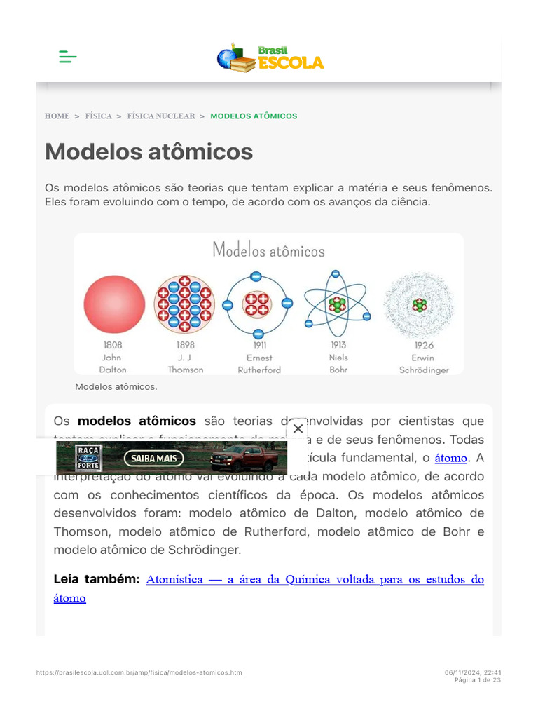 Modelos Atômicos - Quais São, História, Resumo - Brasil Escola | PDF ...