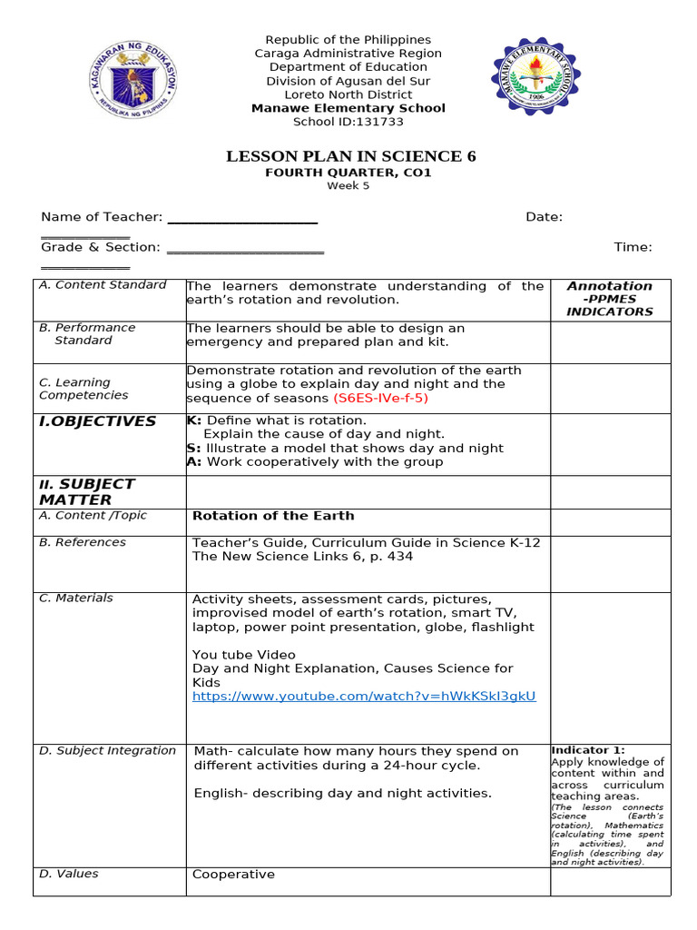 PROF_TEACH-COT SCIENCE 6, Q4-W5, ROTATION OF THE EARTH | PDF | Curriculum | Rotation
