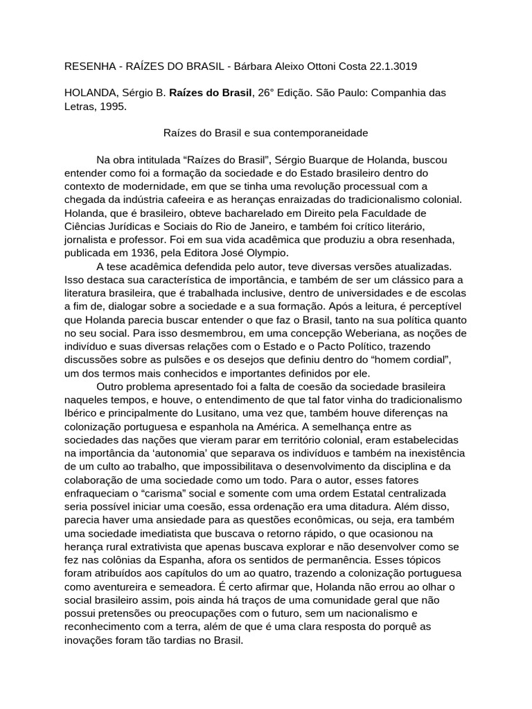 RESENHA - RAÍZES DO BRASIL | PDF | Brasil | Estado