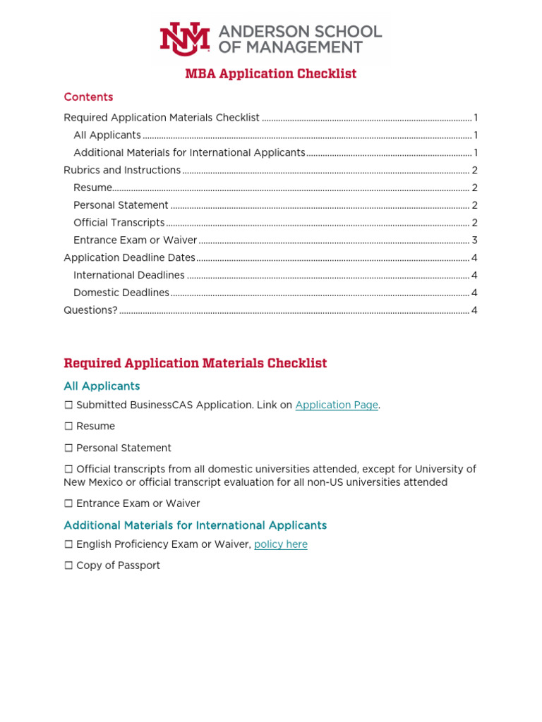 MBA Application Requirements Checklist | PDF | Graduate Management ...
