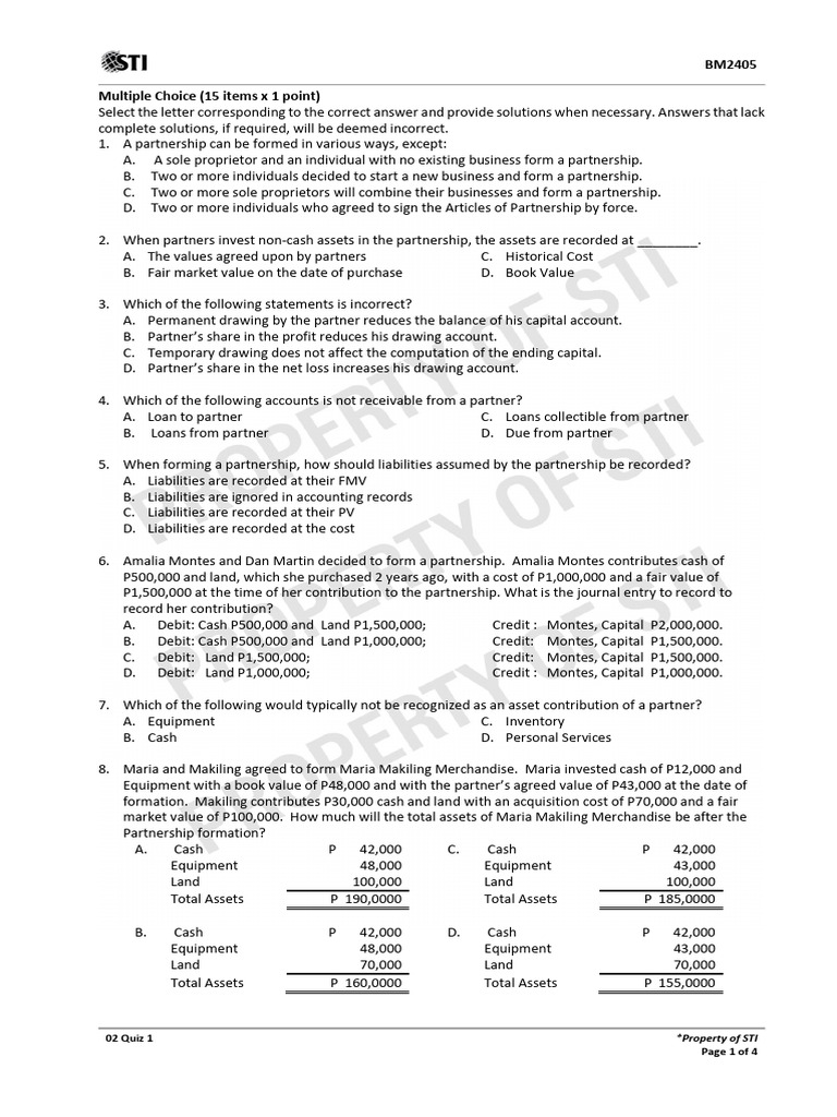 01 Quiz 1-Partnership-Formation | PDF | Book Value | Debits And Credits