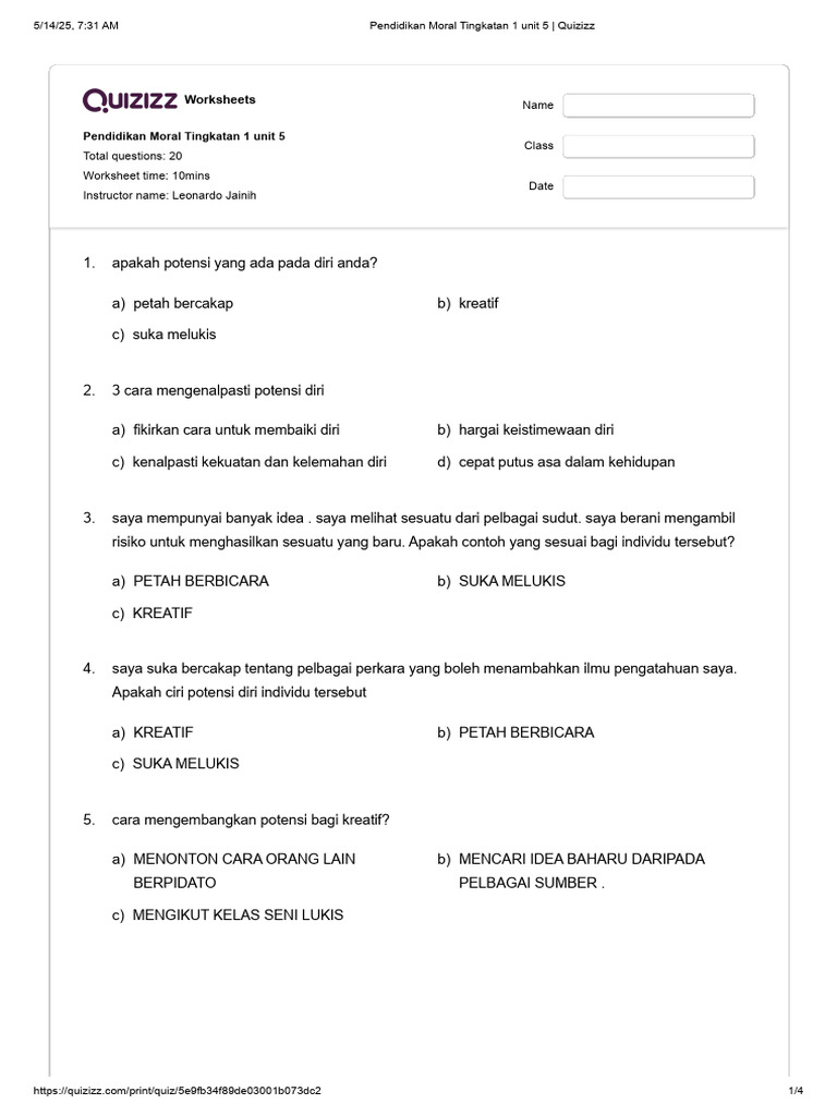 Pendidikan Moral Tingkatan 1 Unit 5 - Quizizz | PDF