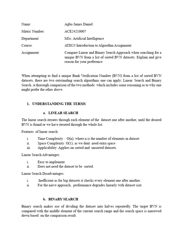 ATI823-Agbo James Daniel-Binary Search & Linear Search For BVN | PDF | Time Complexity | Algorithms