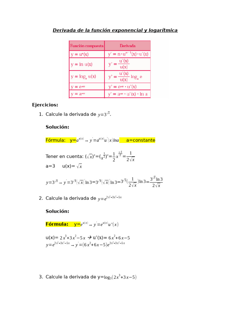 Derivadas de funciones exponenciales | PDF | Logaritmo | Combinatoria