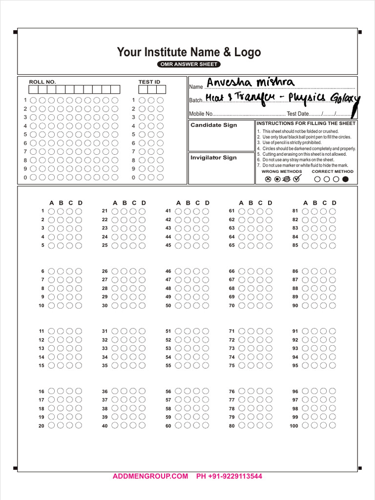 100 Questions OMR Sheet | PDF | Office Equipment | Optical Character ...