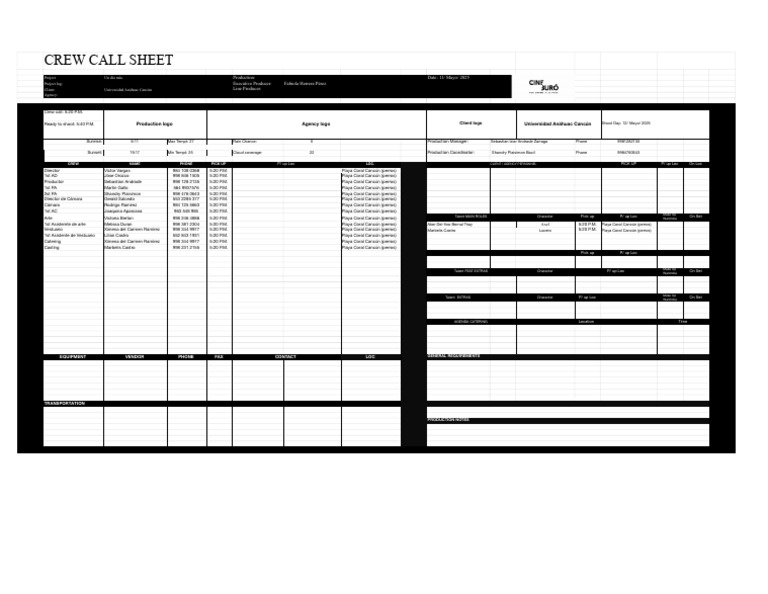 Call Sheet - Un Dia Mas - 2 Dia de Rodaje - XLSX - Hoja2 | PDF