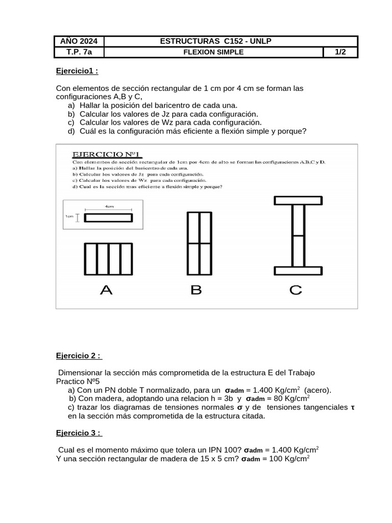 AÑO 2024 Estructuras C152 - Unlp T.P. 7a 1/2 Ejercicio1:: Flexion Simple | PDF