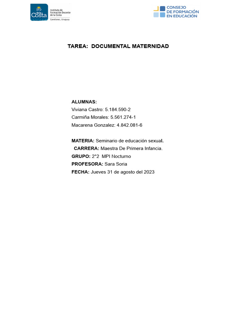 Tarea, Documental Maternidad | PDF | Mujer | Feminidad