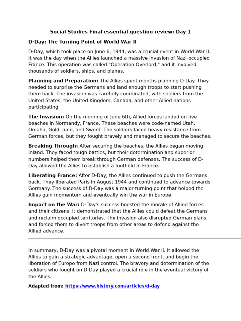 5th Final Essential Question Review Exemplars | PDF | Normandy Landings | German Resistance To ...