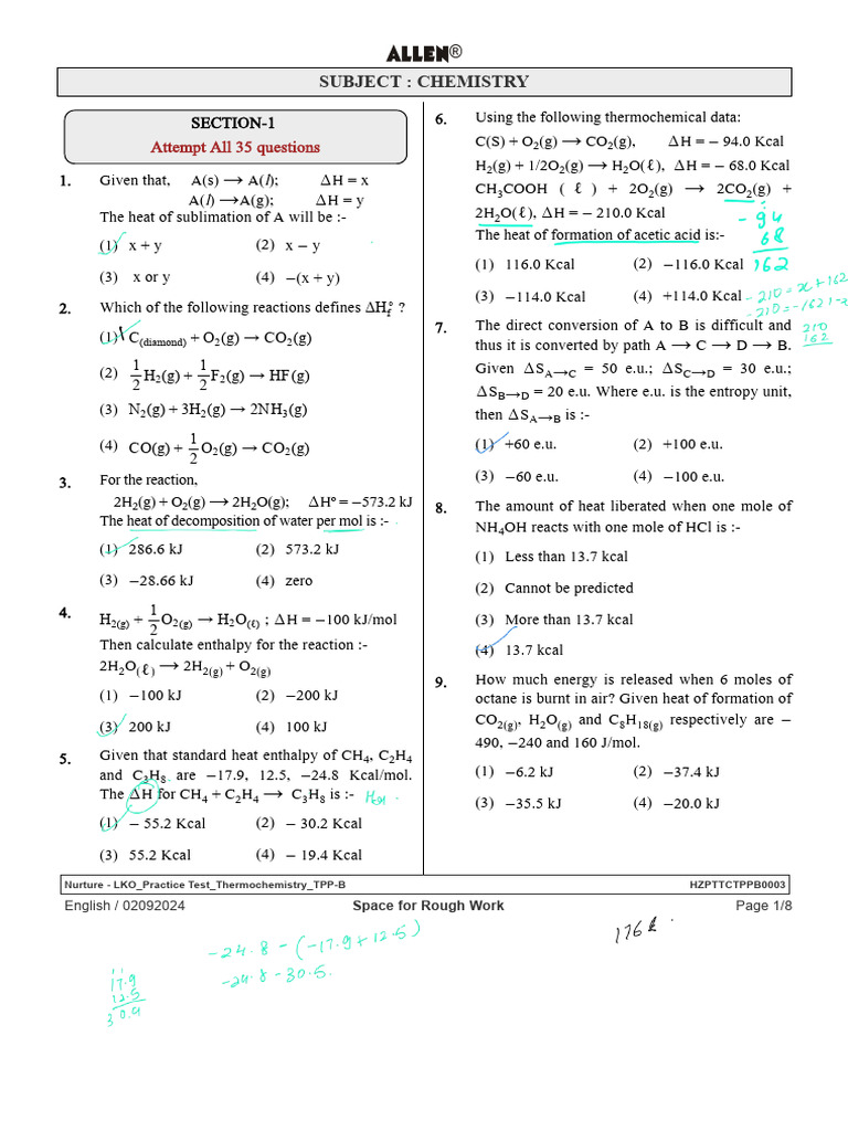 Thermochemistry Practice Test Questions | PDF | Chemistry | Scientific ...
