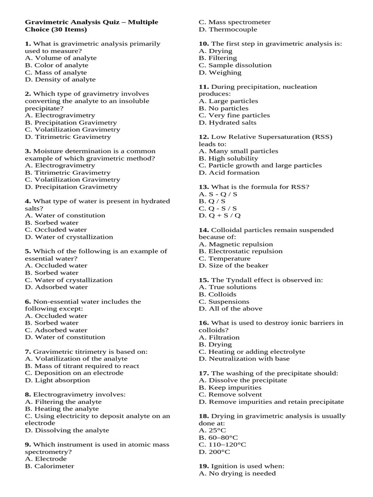 Gravimetric Analysis Quiz Answers | PDF | Chemistry | Titration