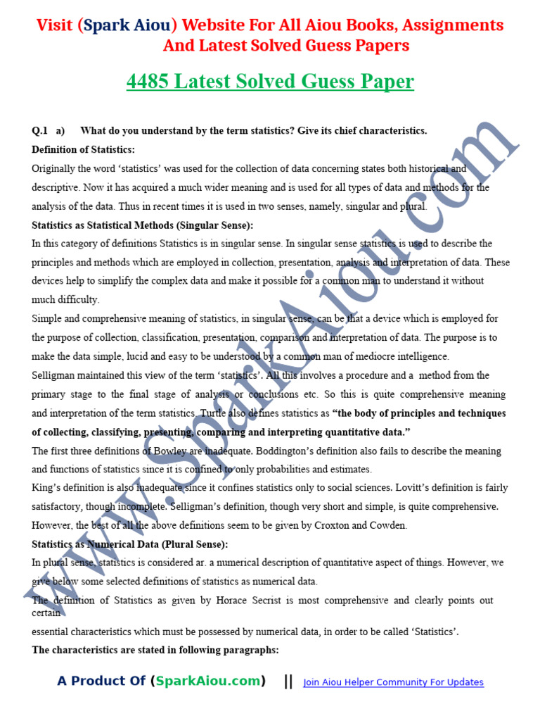 4485 Solved Guess Paper (Spark Aiou Website) | PDF | Cost Of Living | Mean