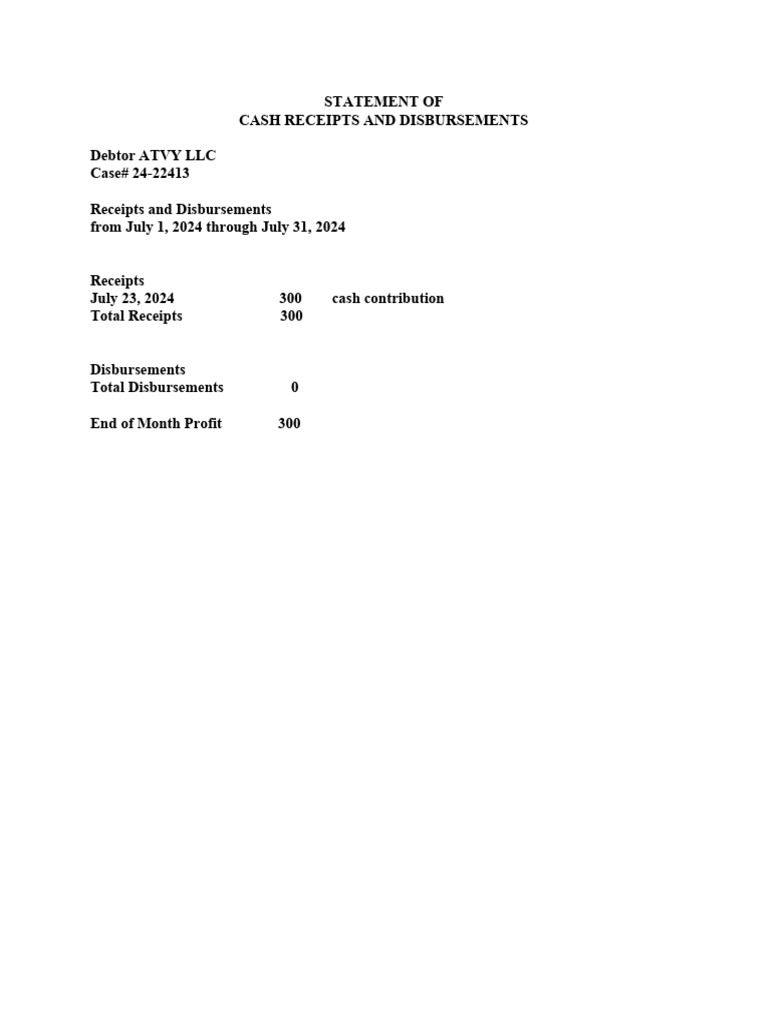07-2024 Statement of Cash Receipts and Disbursements | PDF