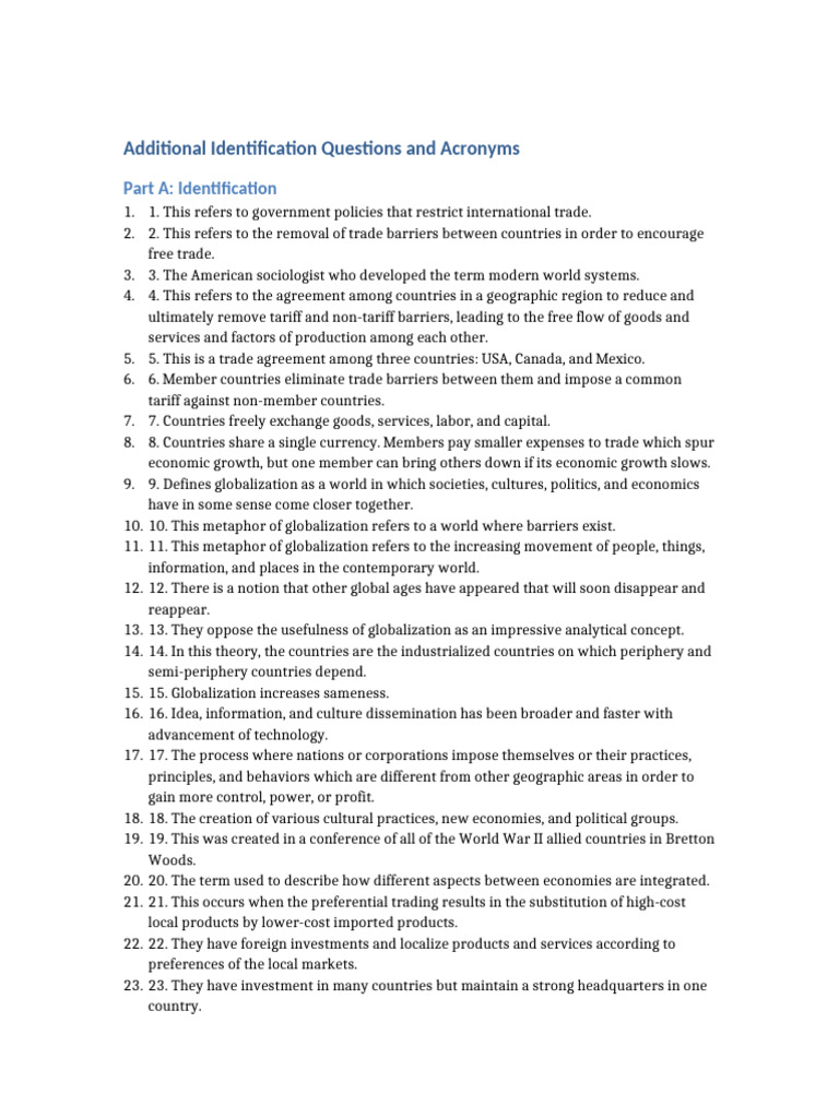 Identification Questions and Acronyms | PDF | Globalization | Trade