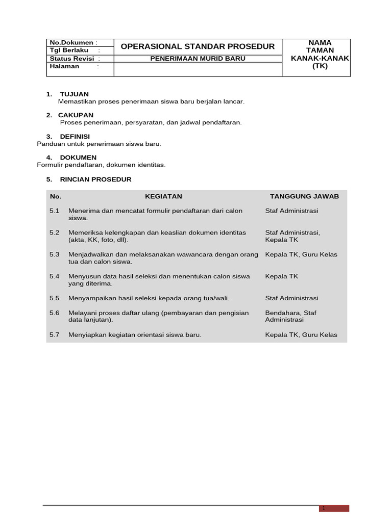 Sop Penerimaan Murid Baru TK | PDF