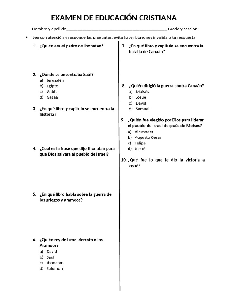 Examen de Educación Cristiana: Preguntas Clave | PDF