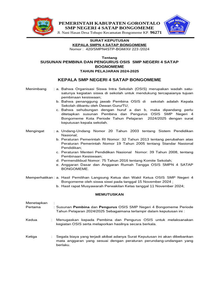 SK Pengurus Osis 20224 | PDF