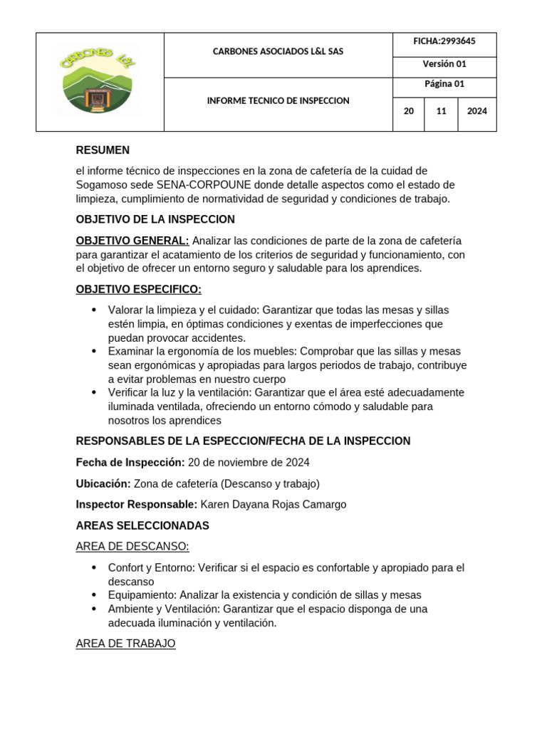 Informe Tecnico de Inspeccion | PDF | Seguridad y salud ocupacional | Higiene Ocupacional