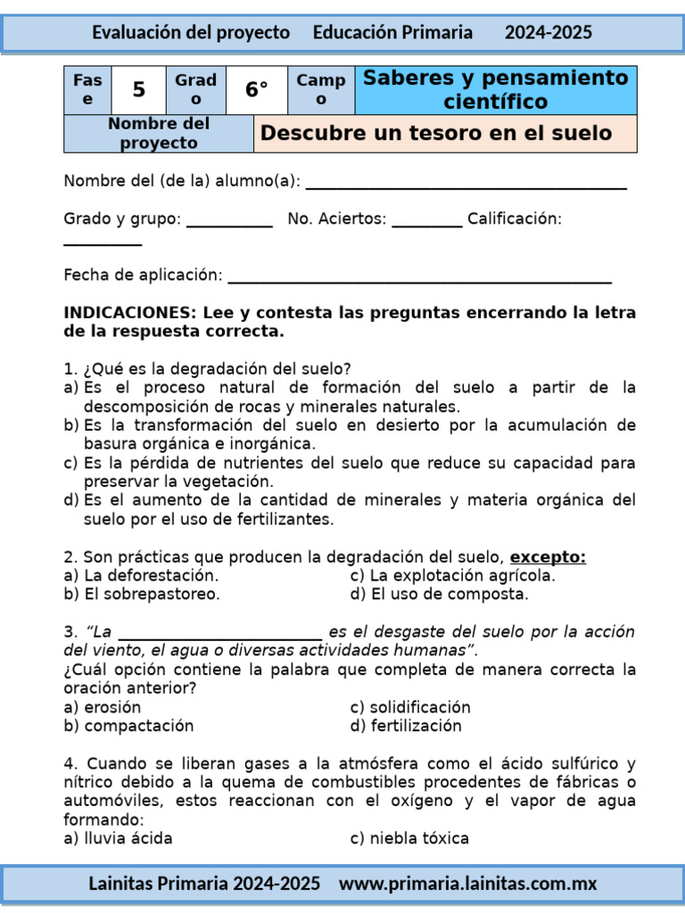 6to Grado Junio - Examen 02 Descubre Un Tesoro en El Suelo (2024-2025 ...