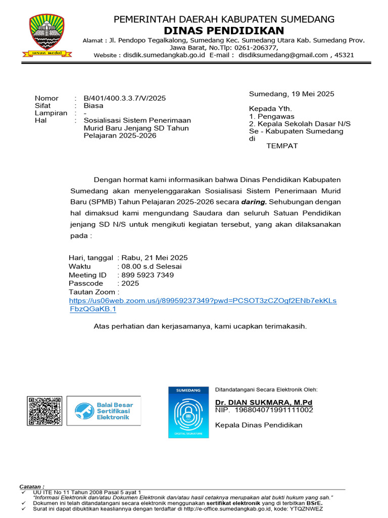 Surat Sosialisasi SPMB SD 25 | PDF