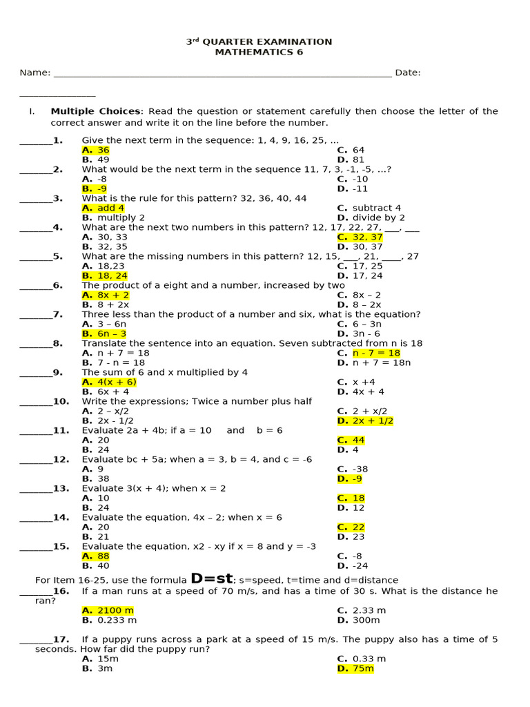3rd Quarter Test Mathematics 6 | PDF | Speed | Mathematics