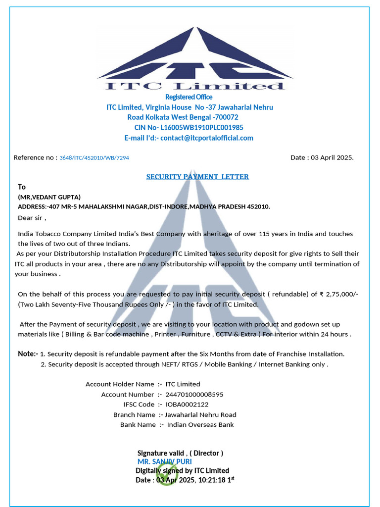 ITC Limited Security Deposit Instructions | PDF