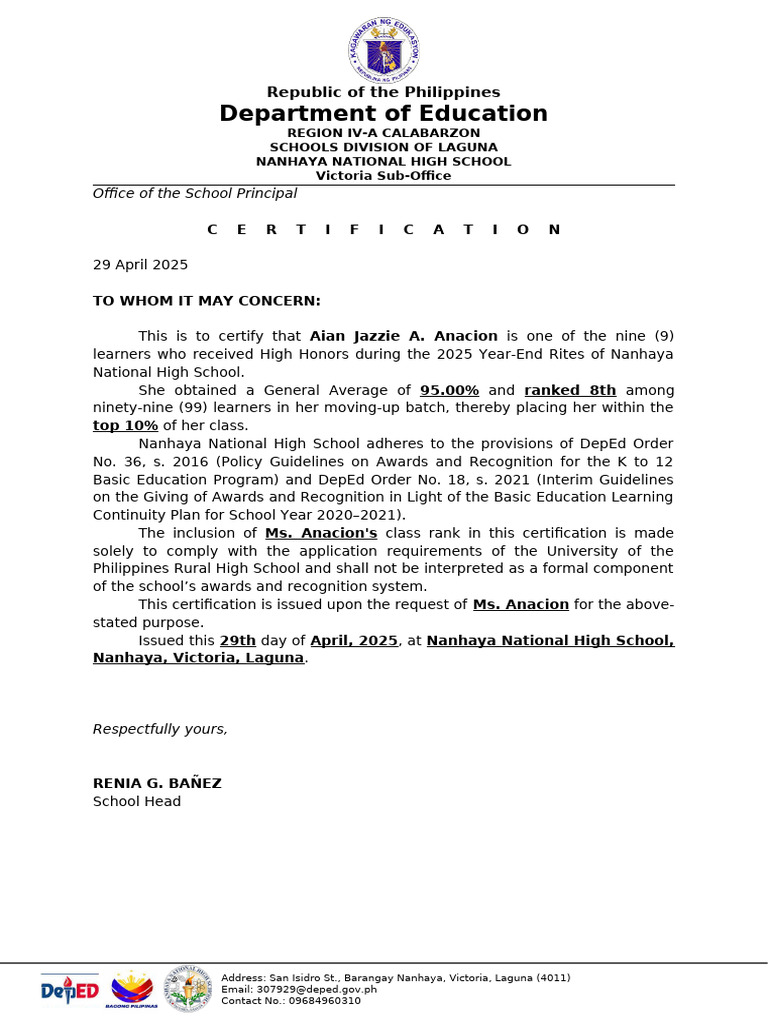 Certification For Aian Jazzie Anacion | PDF